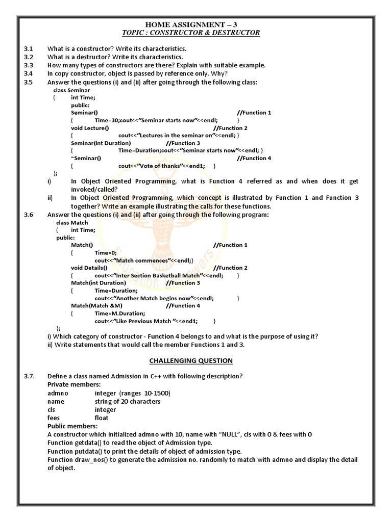 Home Assignment - 3: Topic: Constructor & Destructor | PDF | Constructor (Object Oriented ...