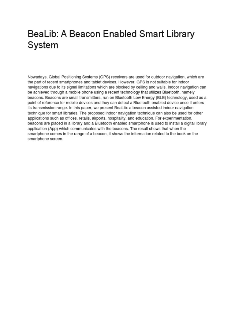 BeaLib: Indoor Navigation for Smart Libraries Using Bluetooth Beacons | PDF