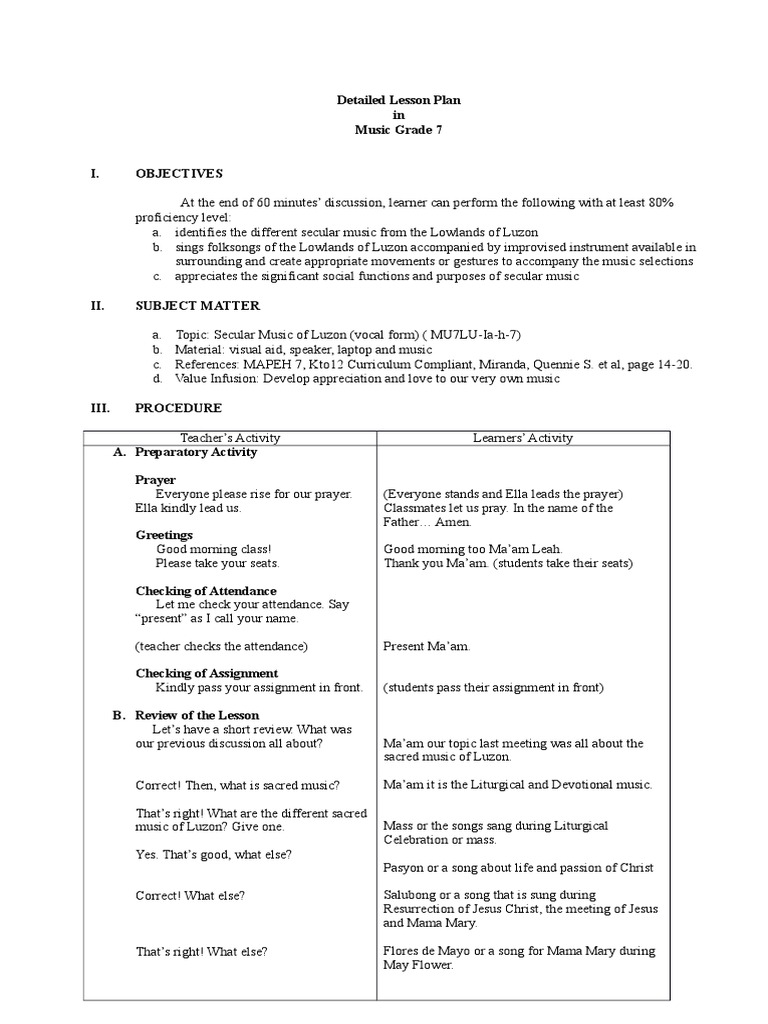 Detailed Lesson Plan in Music 7 | PDF | Songs | Performing Arts