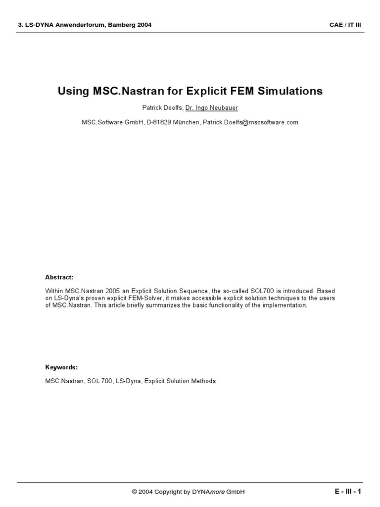Using MSC - Nastran For Explicit Fem Simulations | PDF | Stress (Mechanics) | Deformation ...