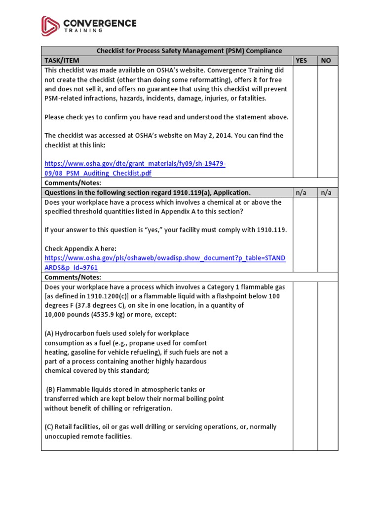 PSM Compliance Checklist | PDF | Employment | Safety