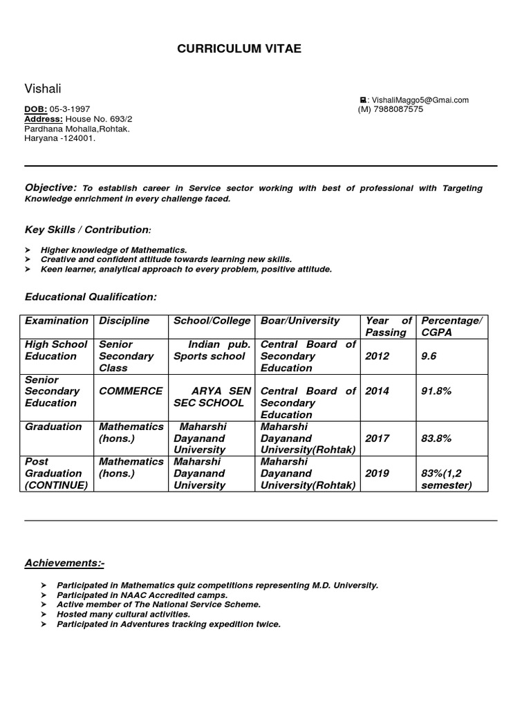Vishali: Curriculum Vitae | Download Free PDF | Learning | Behavior Modification