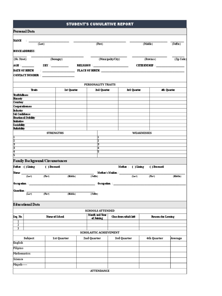 Personal Data: Student'S Cumulative Report | PDF | Psychological ...