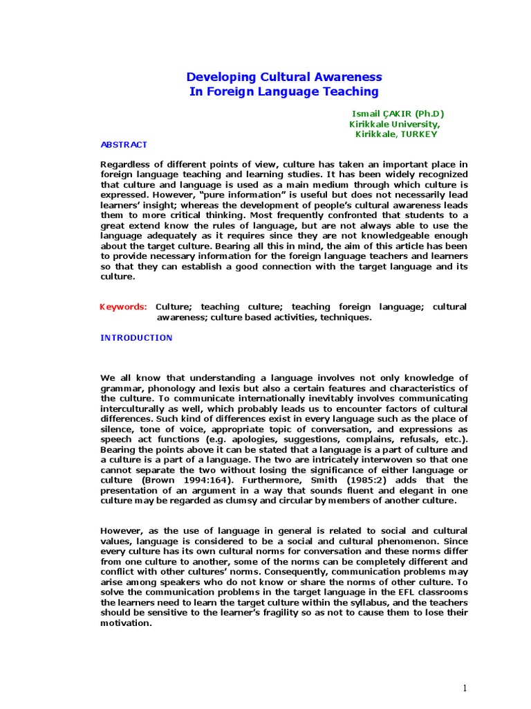 Developing Cultural Awareness in Foreign Language Teaching: Keywords ...