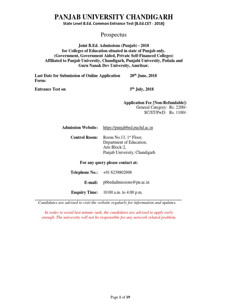Panjab University Chandigarh: Prospectus | PDF | University And College ...