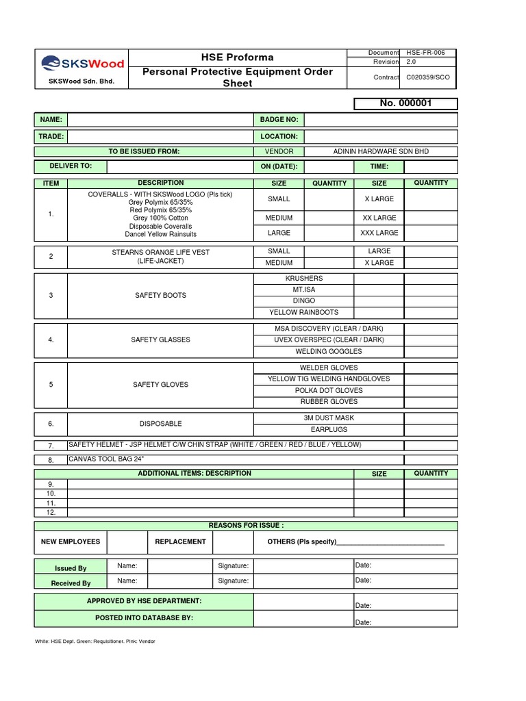 Personal Protective Equipment Order Sheet Hse Proforma: Skswood Sdn ...