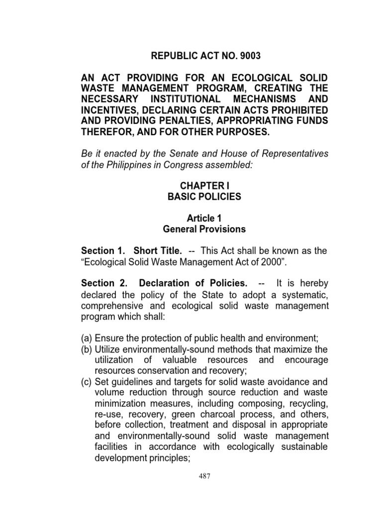 RA 9003 Ecological Solid Waste Management Act of 2000 1 PDF | PDF ...