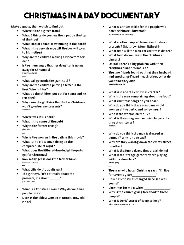 Christmas in A Day Documentary Video Worksheet | Download Free PDF ...