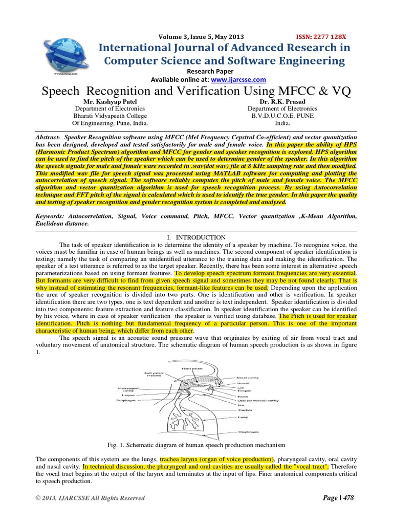 Speech Recognition and Verification Using MFCC and VQ | PDF | Pitch ...