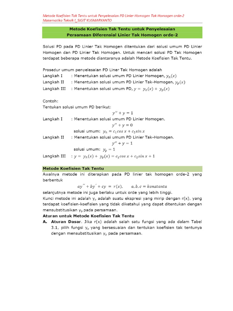 Metode Koefisien Tak Tentu Untuk Penyelesaian PD Linier Homogen Tak Homogen Orde-2 Matematika ...