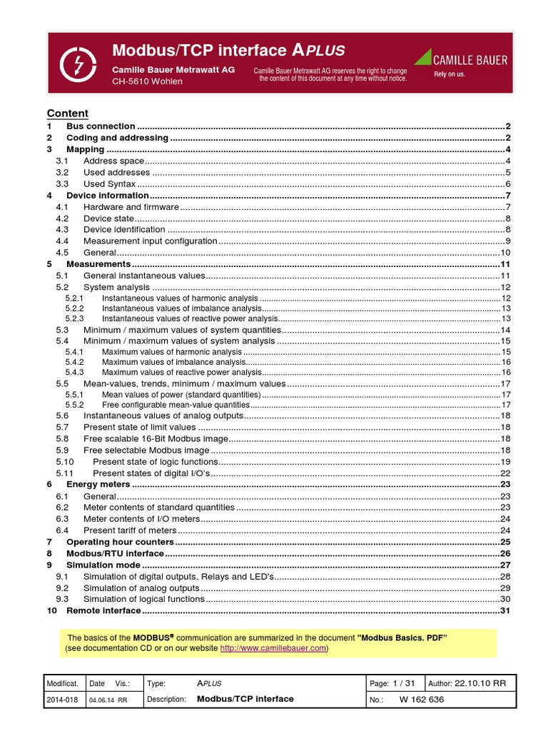 Aplus Interface Documentation Modbus TCP | PDF | Computer Engineering | Computing