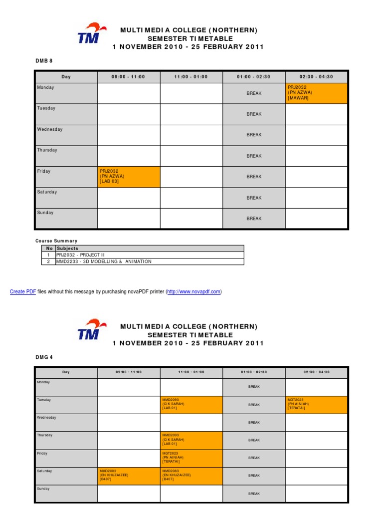 Multimedia College Semester Timetable | PDF | Business