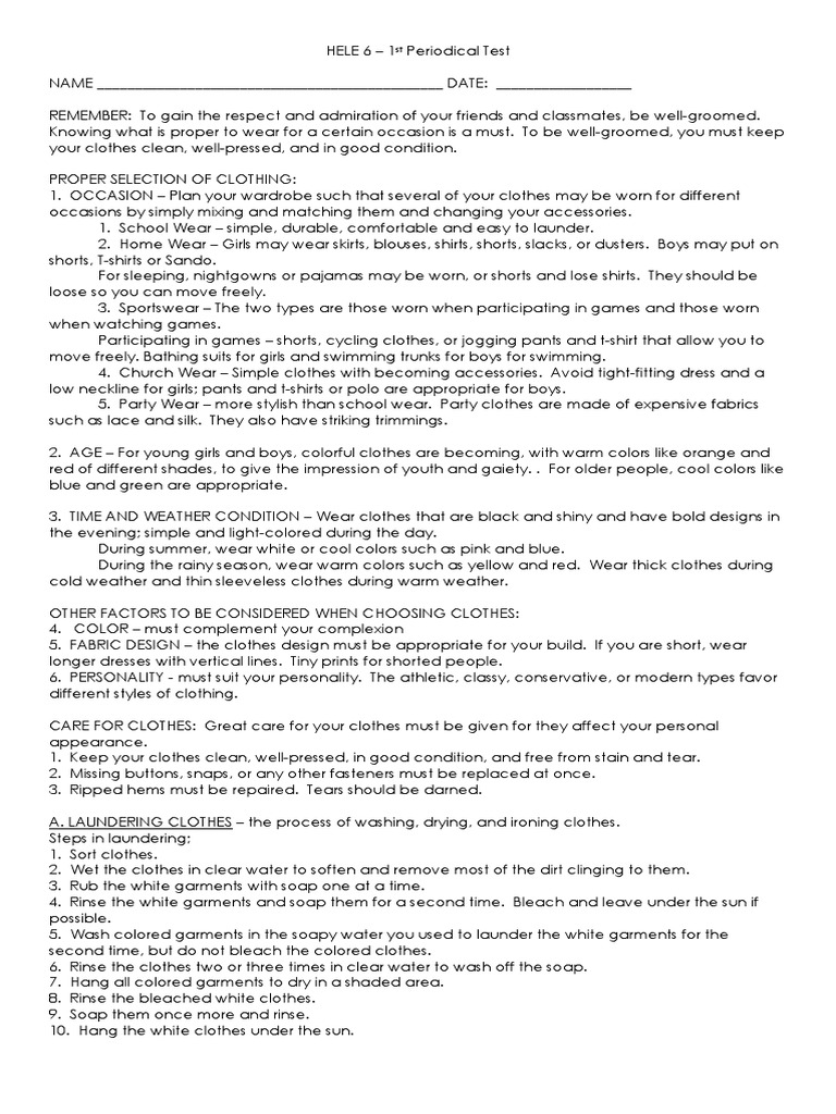 HELE Grade 6-Reveiwer - 1st Periodical Test | PDF | Sewing Machine ...