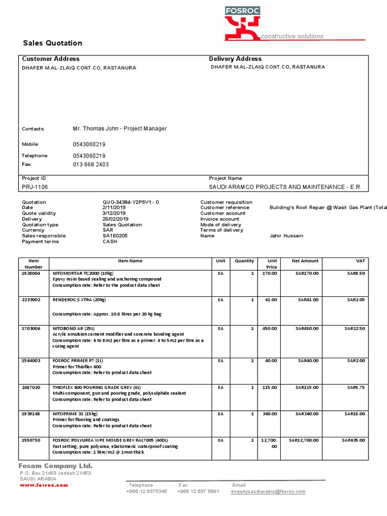 Sales Quotation: Customer Address Delivery Address | PDF | Receipt ...