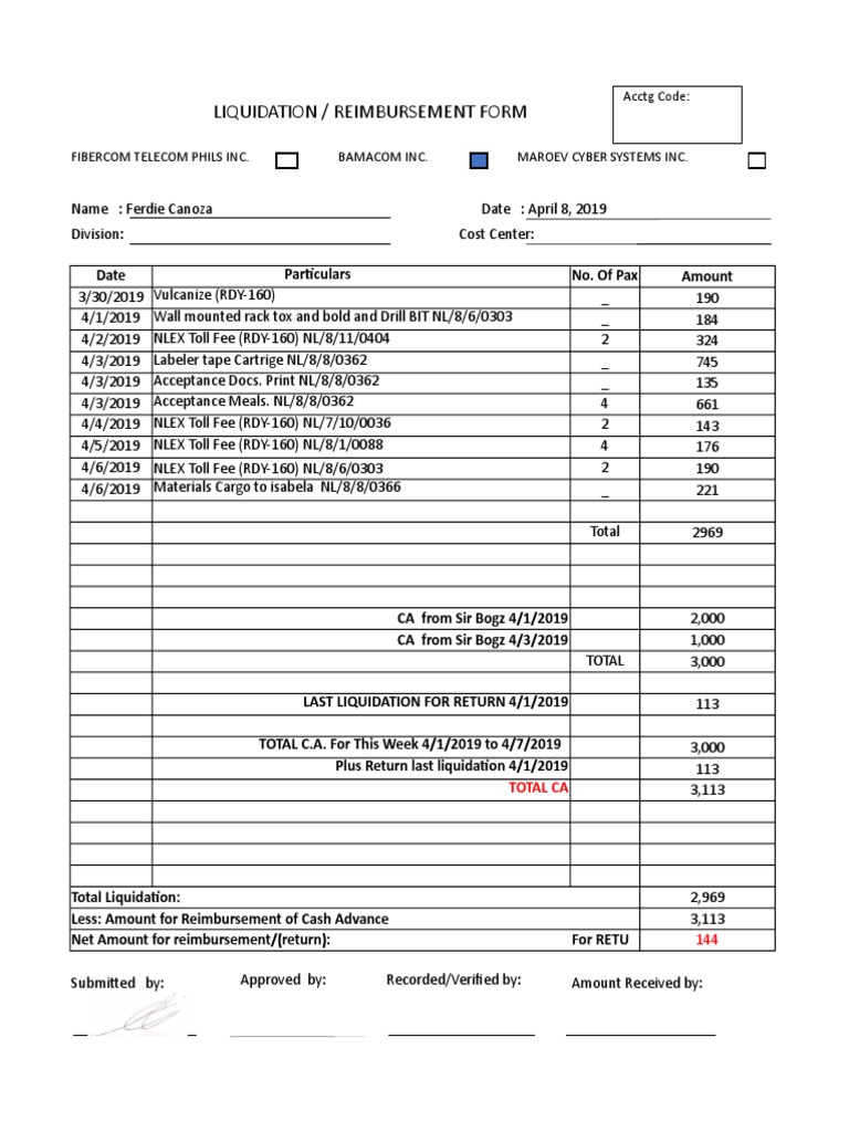 Liquidation / Reimbursement Form: Acctg Code | PDF | Business