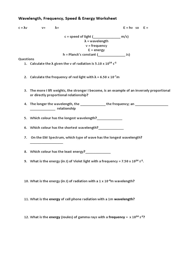 Wavelength, Frequency, Speed & Energy Worksheet | PDF | Wavelength ...
