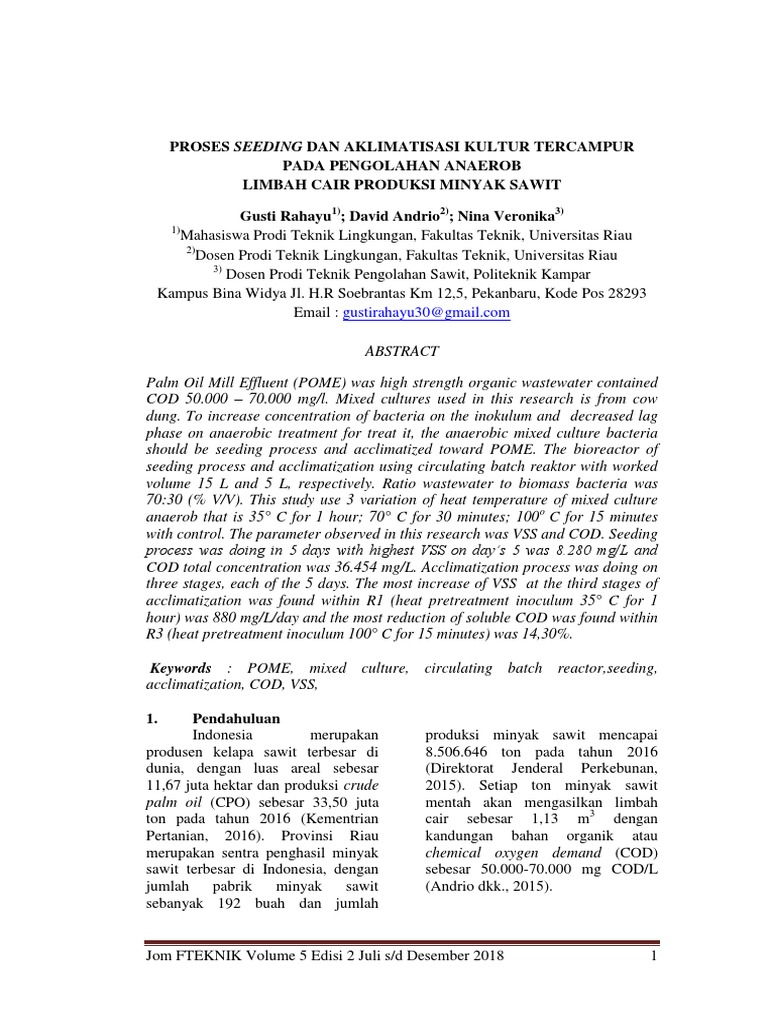 Proses Seeding Dan Aklimatisasi Kultur Tercampur Pada Pengolahan ...