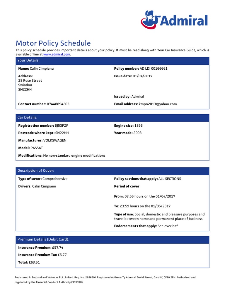 Motor Policy Schedule | PDF | Vehicle Insurance | Insurance