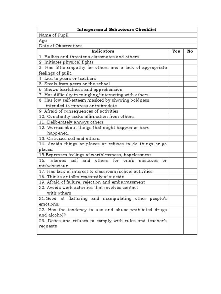 Interpersonal Behaviours Checklist for Students | PDF