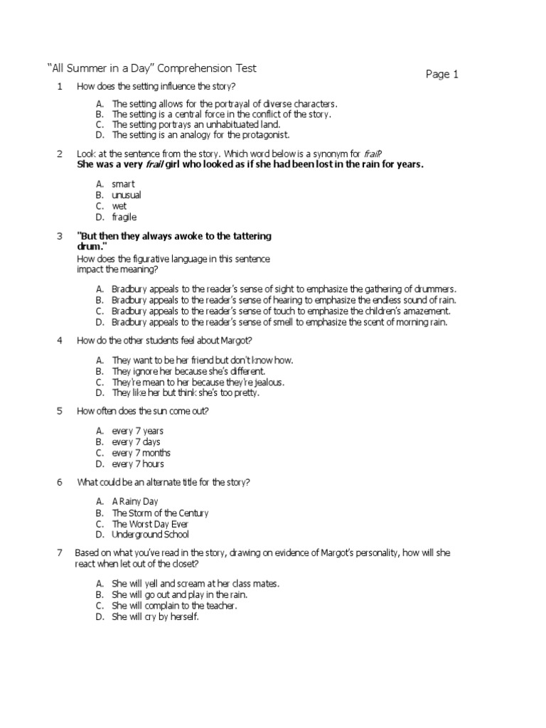 "All Summer in a Day" Quiz & Answers | PDF
