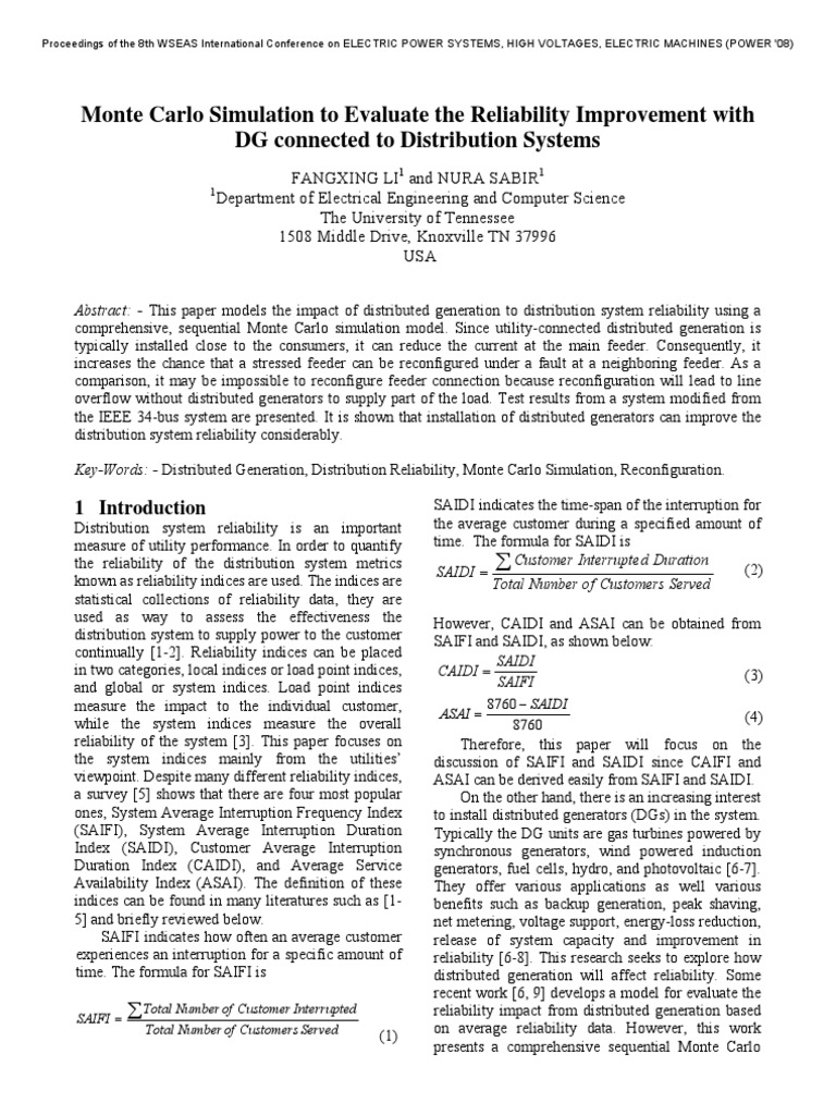 Monte Carlo Simulation To Evaluate The Reliability Improvement With DG Connected To Distribution ...