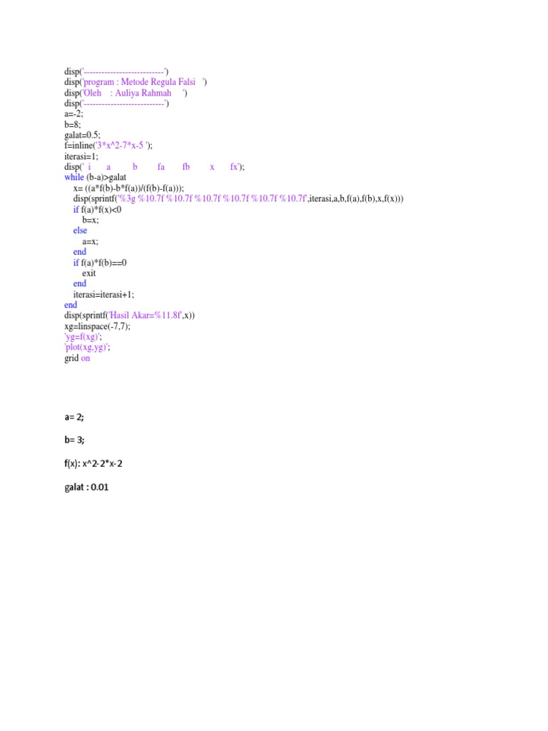 Contoh Script Matlab Untuk Akar Persamaan Non Linier Dengan Metode ...