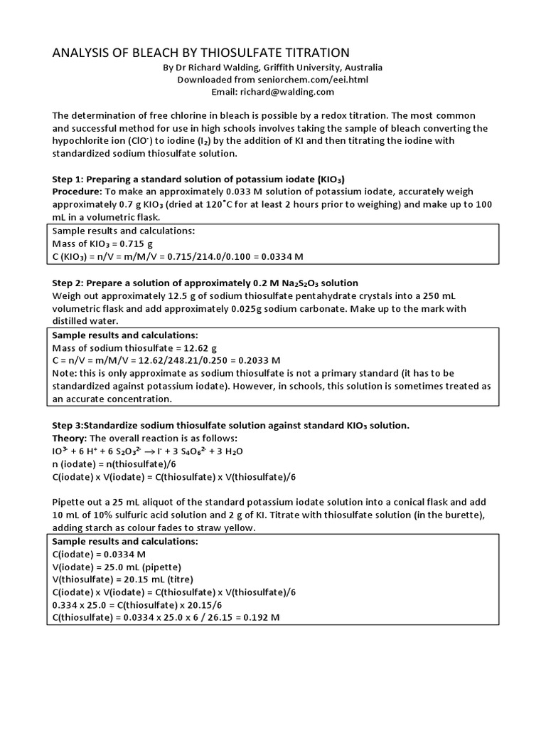 Chlorine Thiosulfate Titration PDF | PDF | Titration | Chemistry