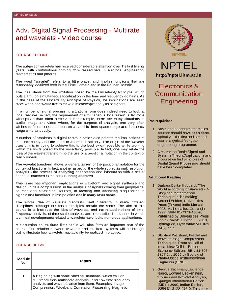 Nptel: Adv. Digital Signal Processing - Multirate and Wavelets - Video Course | PDF | Wavelet ...