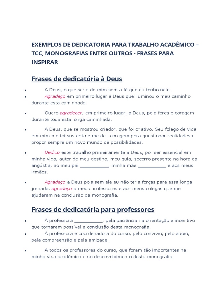 Dedicatórias inspiradoras para TCC | PDF | Deus | Vida