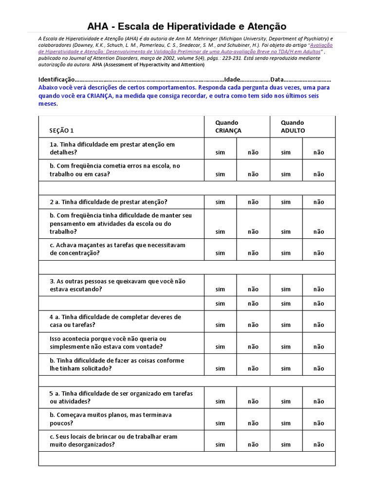 AHA - Escala de Hiperatividade e Atenção | PDF | Psicologia | Lazer