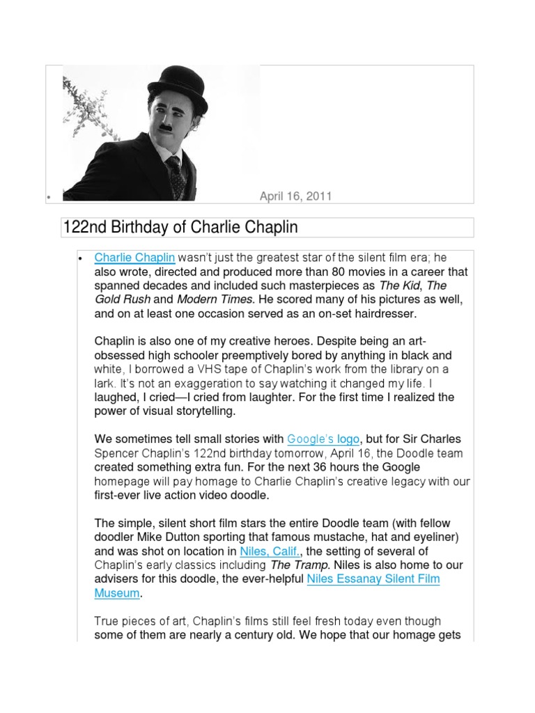122nd Birthday of Charlie Chaplin | PDF