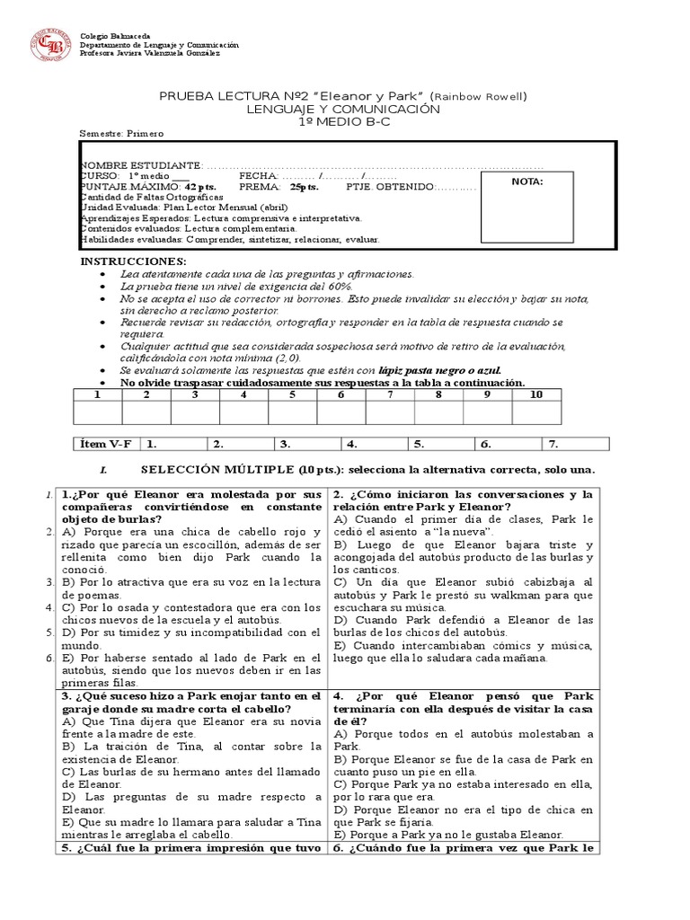 Prueba Eleanor y Park 1medio Abril | PDF