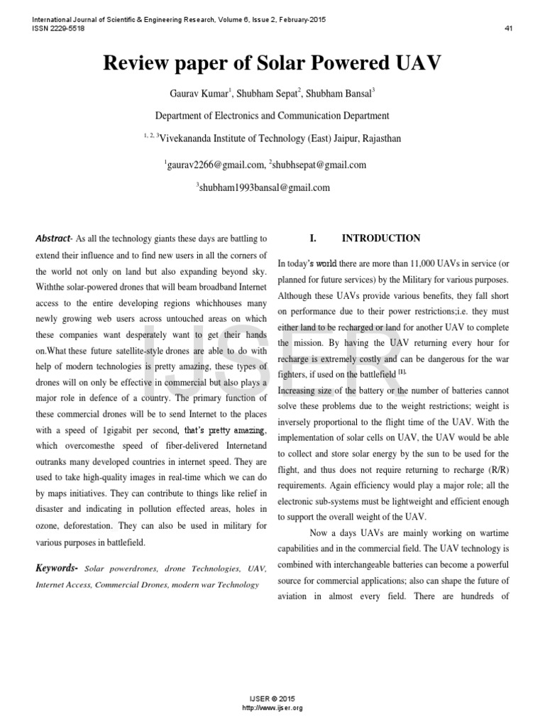 Review Paper of Solar Powered UAV | PDF | Unmanned Aerial Vehicle ...