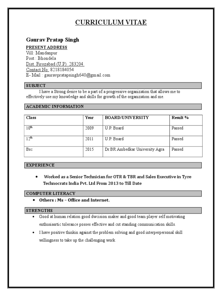 Gaurav Pratap Singh CV: Technician & Sales Experience | PDF