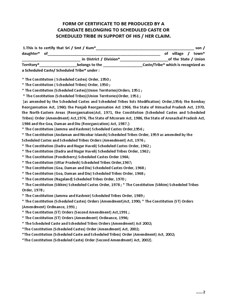 SC ST Certificate | PDF | Government Of India | Government