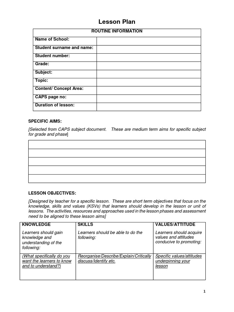 Lesson Plan Template For Teaching (RSA) | PDF | Lesson Plan | Learning