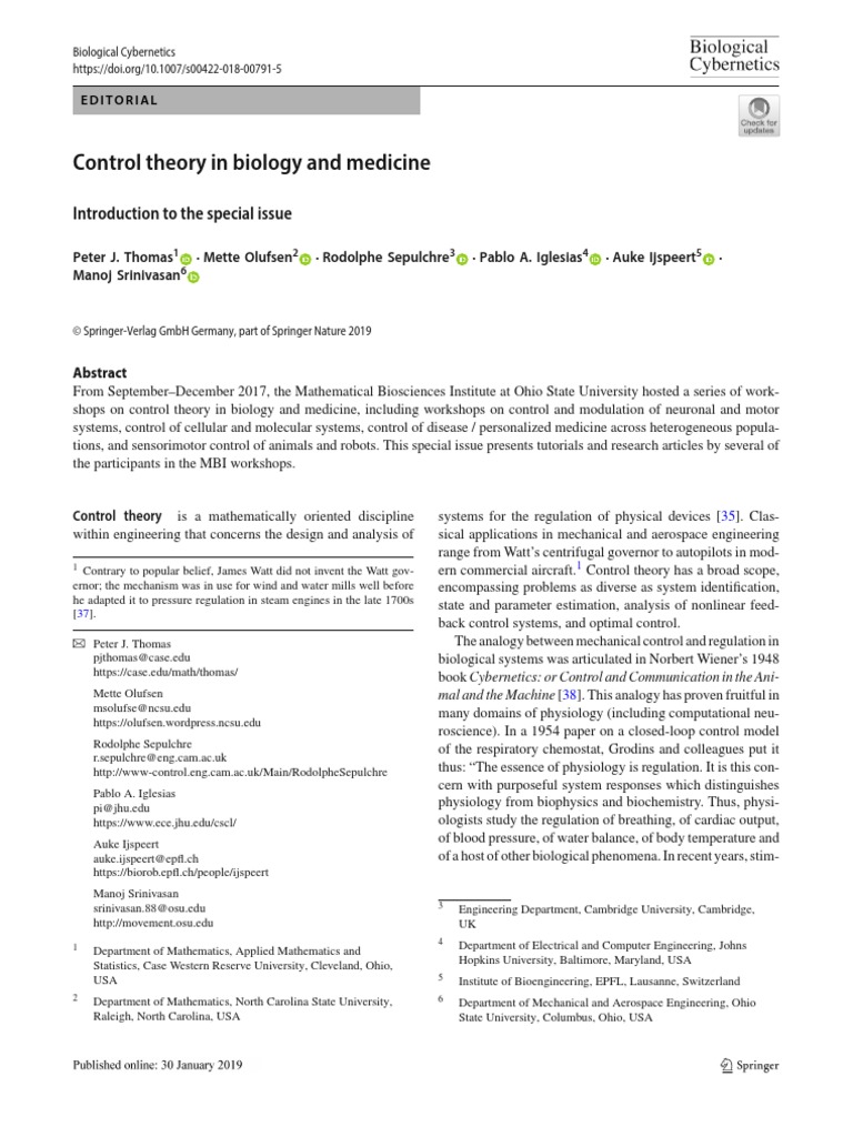 Control Theory in Biology and Medicine: Introduction To The Special ...