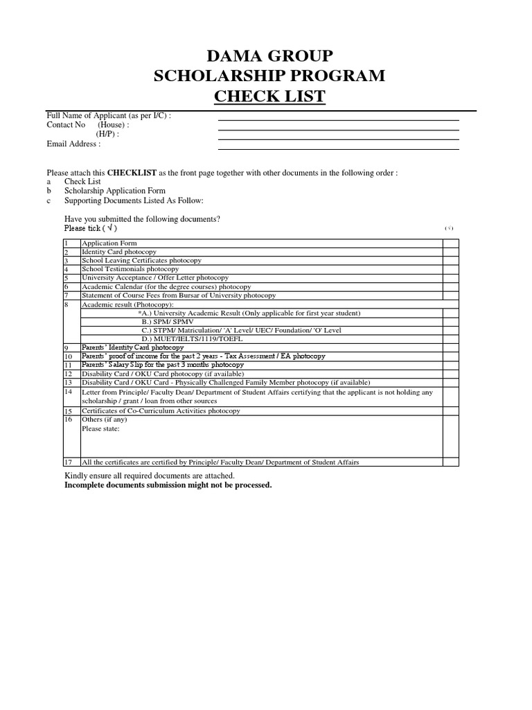 Scholarship Application Checklist | PDF | Disability | Business
