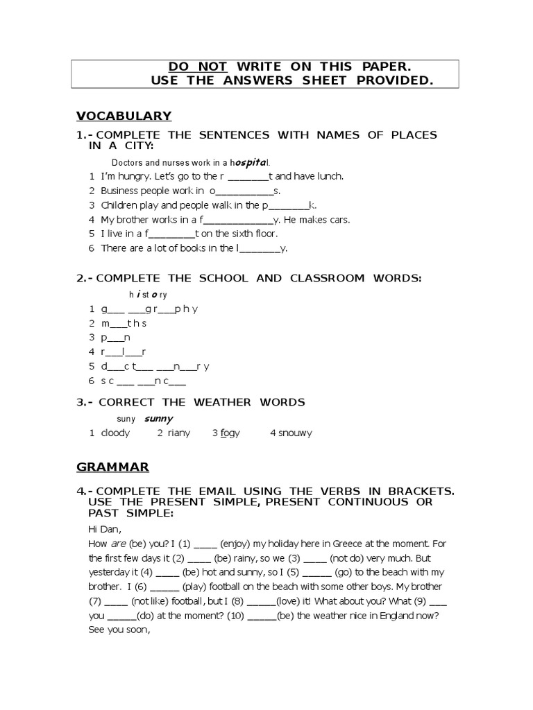 Do Not Write On This Paper. Use The Answers Sheet Provided. Vocabulary ...