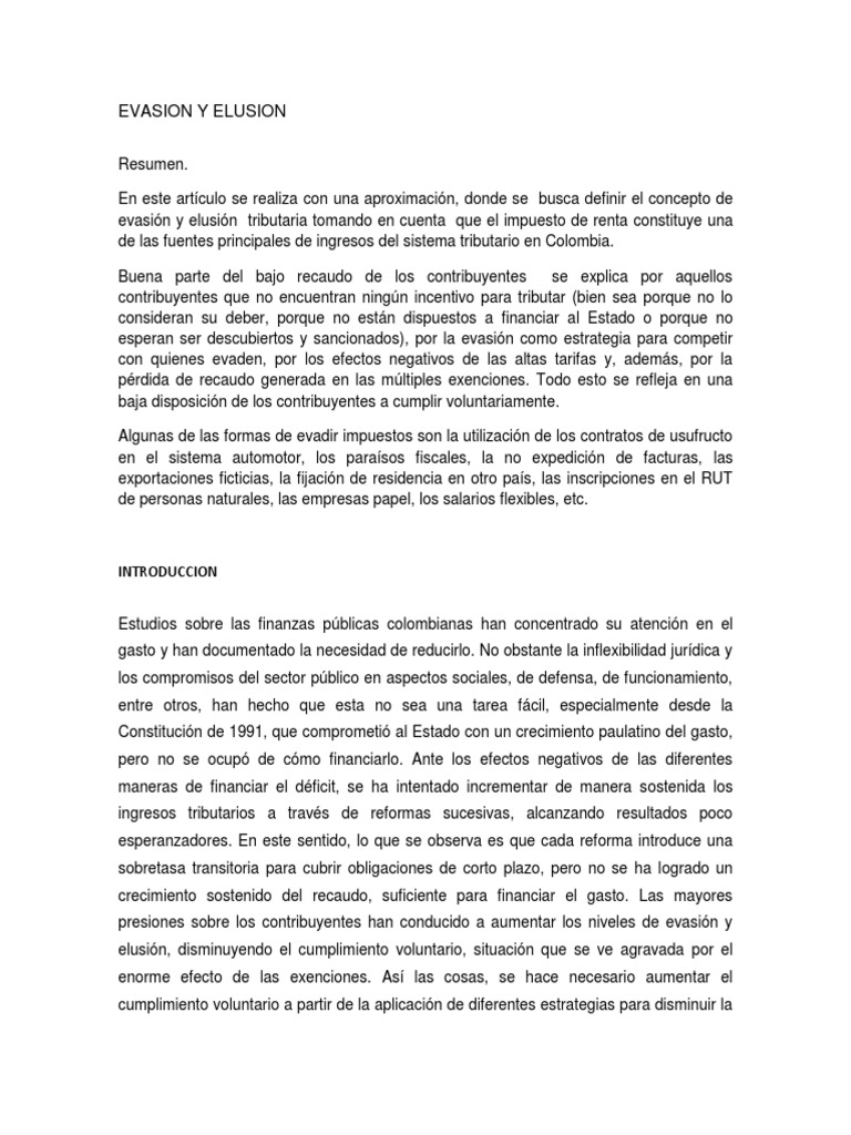 Resumen Evasión y Elusion Tributaria | PDF | Evasión de impuestos ...