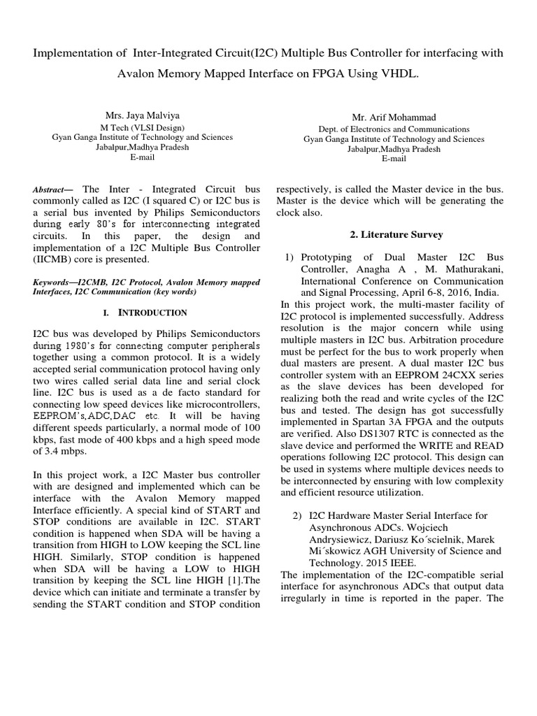 Implementation of Inter-Integrated Circuit (I2C) Multiple Bus Controller | PDF ...