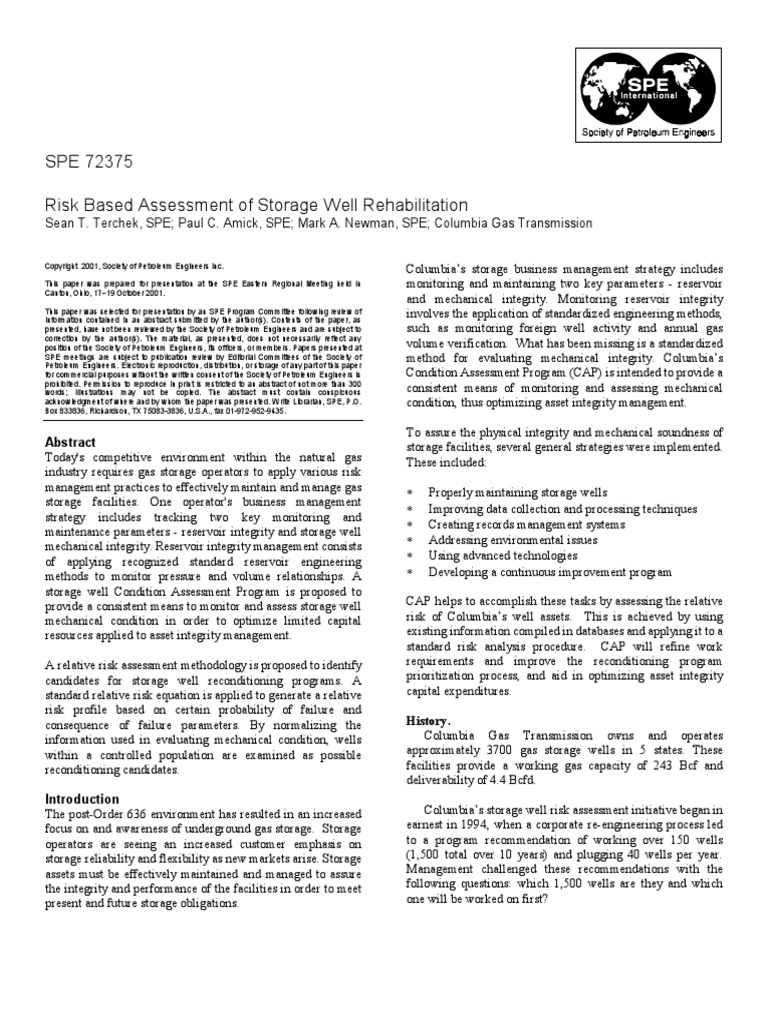 SPE 72375 Risk Based Assessment of Storage Well Rehabilitation | PDF ...