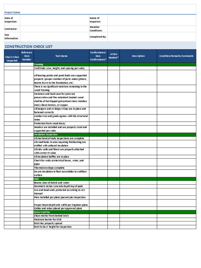 Construction Checklist | PDF | Framing (Construction) | Building Insulation