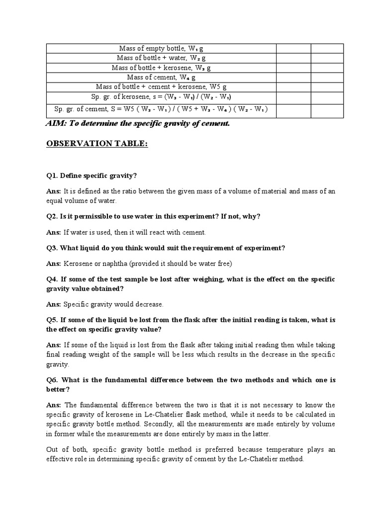 AIM: To Determine The Specific Gravity of Cement.: Observation Table ...