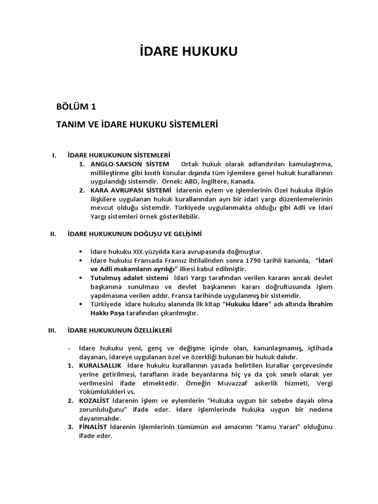 İdare Hukuku: Bölüm 1 Tanim Ve İdare Hukuku Sistemleri | PDF