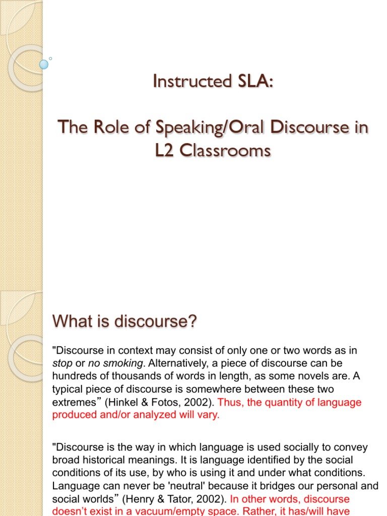 Instructed Sla The Role Of Speakingoral Discourse In L2 Classrooms Pdf Second Language 