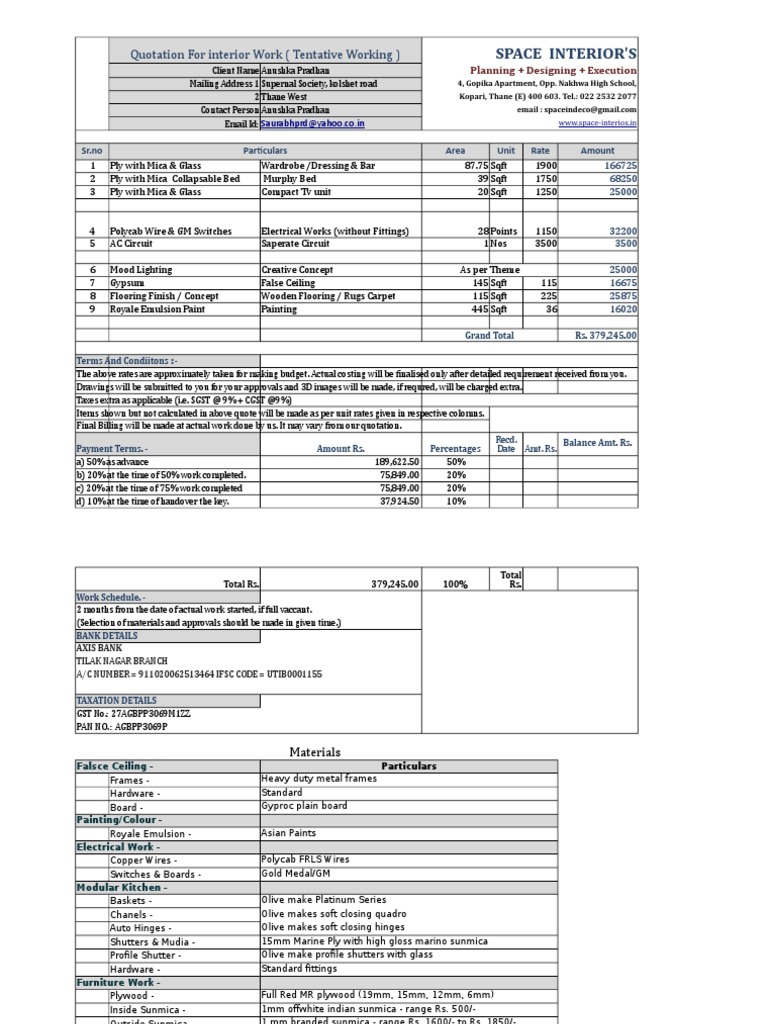 Space Interior'S: Quotation For Interior Work (Tentative Working) | PDF ...