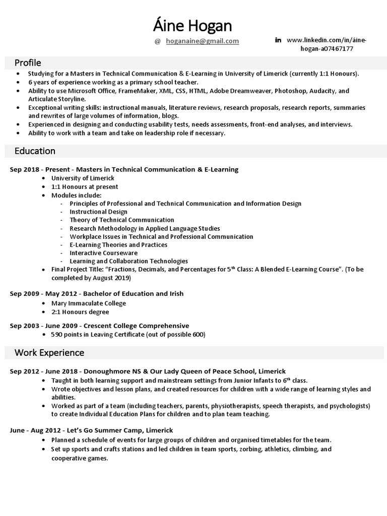 Áine Hogan: Profile | PDF | Technical Communication | Educational ...