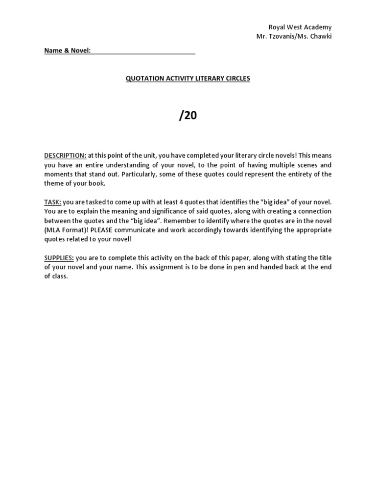 Quotation Activity Literary Circles | PDF