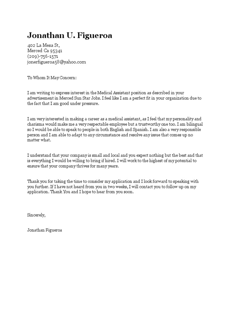 Medical Assistant Job Application Letter | PDF